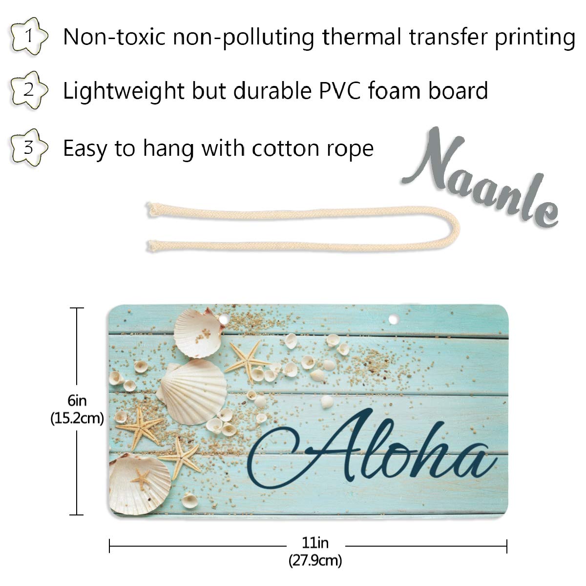 Naanle Aloha Door Sign Plaque with Rope, Wooden Seashell Hanging Sign Wall Art for Entrance Porch Front Home Garden Office Business Outdoor Decor 6 x 11 inches