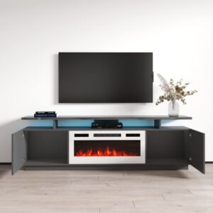 Eva-KWH Fireplace TV Stand for TVs up to 80", Modern High Gloss 71" Entertainment Center, Electric Fireplace TV Media Console with Storage Cabinets and LED Lights