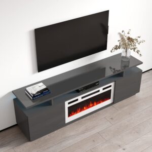 Eva-KWH Fireplace TV Stand for TVs up to 80", Modern High Gloss 71" Entertainment Center, Electric Fireplace TV Media Console with Storage Cabinets and LED Lights