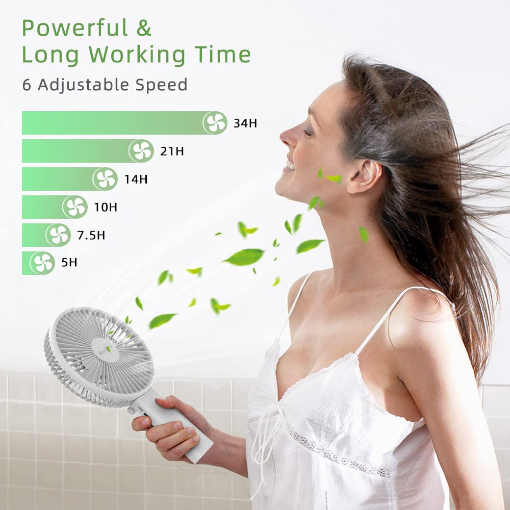 HandFan 6 Inch Handheld Fan 4000mAh Battery Operated Fan 6 Settings Personal Desktop Fan with 5-34H Working Time Removable Base Strong Airflow