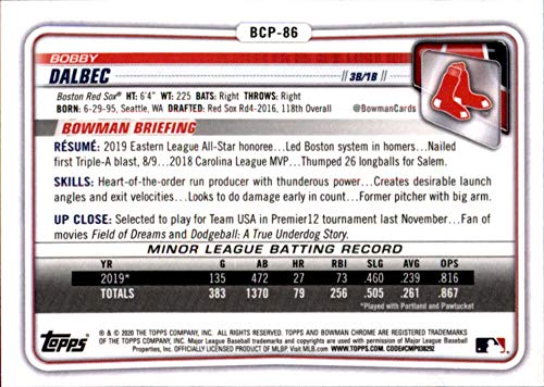 2020 Bowman Chrome Prospects #BCP-86 Bobby Dalbec RC Rookie Boston Red Sox MLB Baseball Trading Card