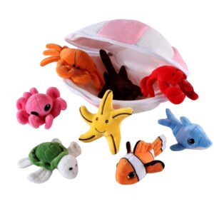 plush soft stuffed ocean sea animals playset with plush shell package house for storage includes stuffed turtle, lobster, crab, dolphin, stingray fish, octopus, starfish, nemo striped fish (8 piece)