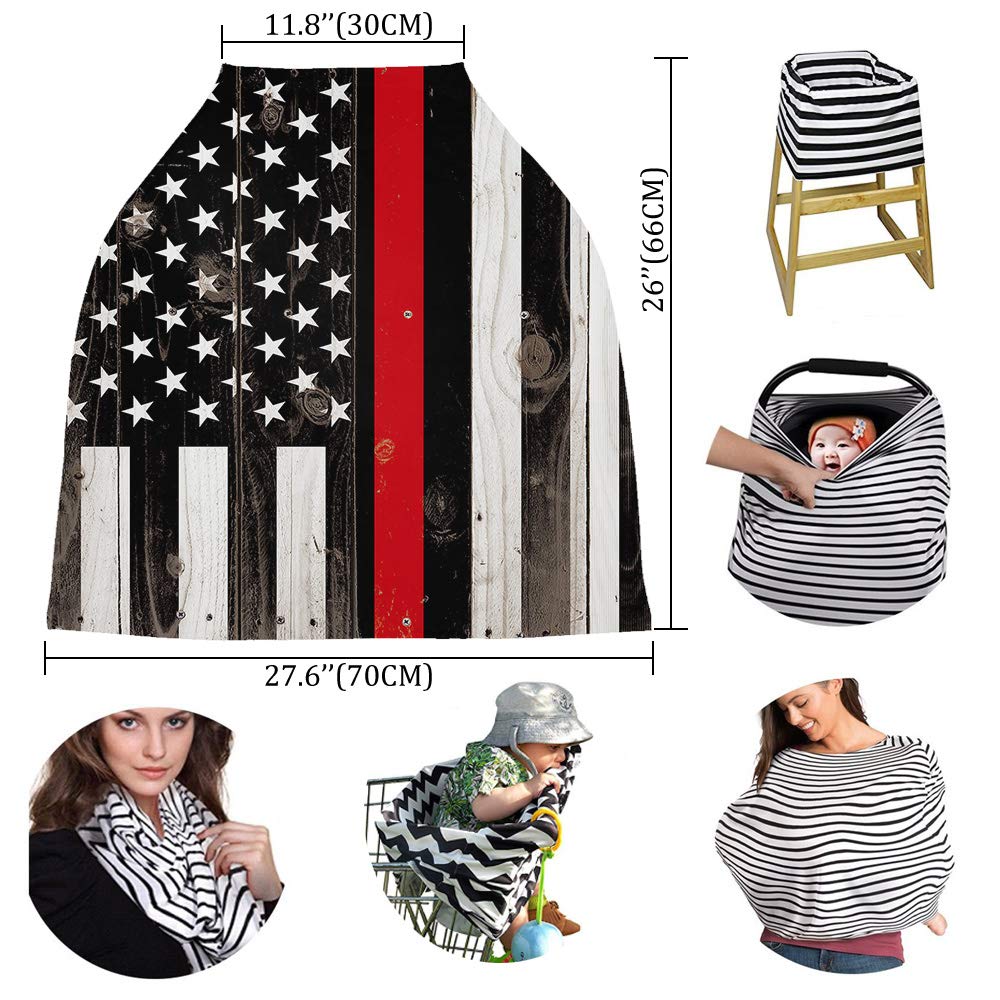 Breastfeeding Nursing Cover Multi Use for Baby Car Seat USA Flag, Thin Red Line Firefighter Respect Stretchy Breathable Scarf Shawl for Stroller High Chair - Shopping Cart Canopy for Boys Girls