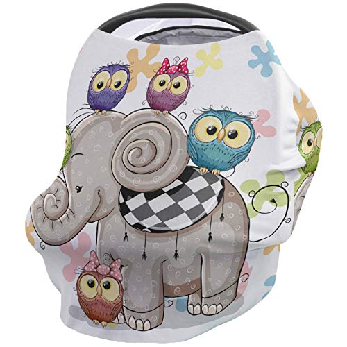 Breastfeeding Nursing Cover Multi Use for Baby Car Seat Elephant, Happy Owl Cute Elephant Patten Stretchy Breathable Scarf Shawl for Stroller High Chair/Shopping Cart Canopy