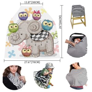 Breastfeeding Nursing Cover Multi Use for Baby Car Seat Elephant, Happy Owl Cute Elephant Patten Stretchy Breathable Scarf Shawl for Stroller High Chair/Shopping Cart Canopy