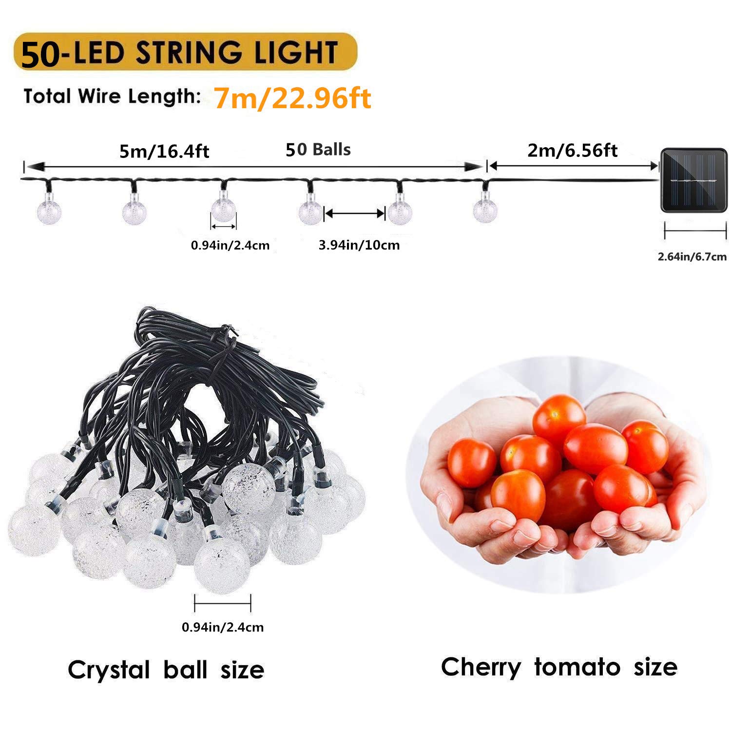 Solar String Lights, 50 LED 23ft 8 Modes Waterproof String Lights Outdoor Fairy Lights Globe Crystal Balls Decorative Lighting for Garden Yard Home Party Wedding Christmas Decoration (Warm White)…