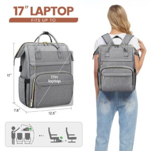 LOVEVOOK Laptop Backpack for Women,17 Inch Professional Womens Travel Backpack Purse Computer Laptop Bag Nurse Teacher Backpack,Waterproof College Work Bags Carry on Back Pack with USB Port,Grey