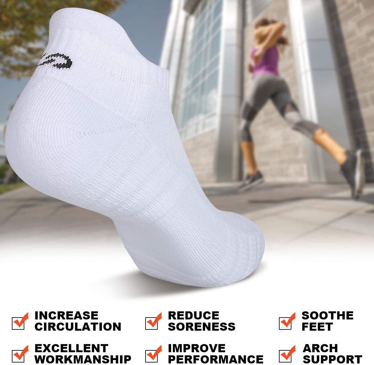 Lapulas Athletic Ankle Socks, Low Cut Cushioned Anti-Blister Running Tab Sports Socks for Men and Women 6Pairs (White, M)