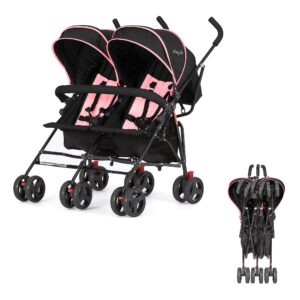 dream on me volgo twin umbrella stroller in pink, lightweight double stroller for infant & toddler, compact easy fold, large storage basket, large and adjustable canopy