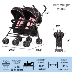 Dream On Me Volgo Twin Umbrella Stroller in Pink, Lightweight Double Stroller for Infant & Toddler, Compact Easy Fold, Large Storage Basket, Large and Adjustable Canopy