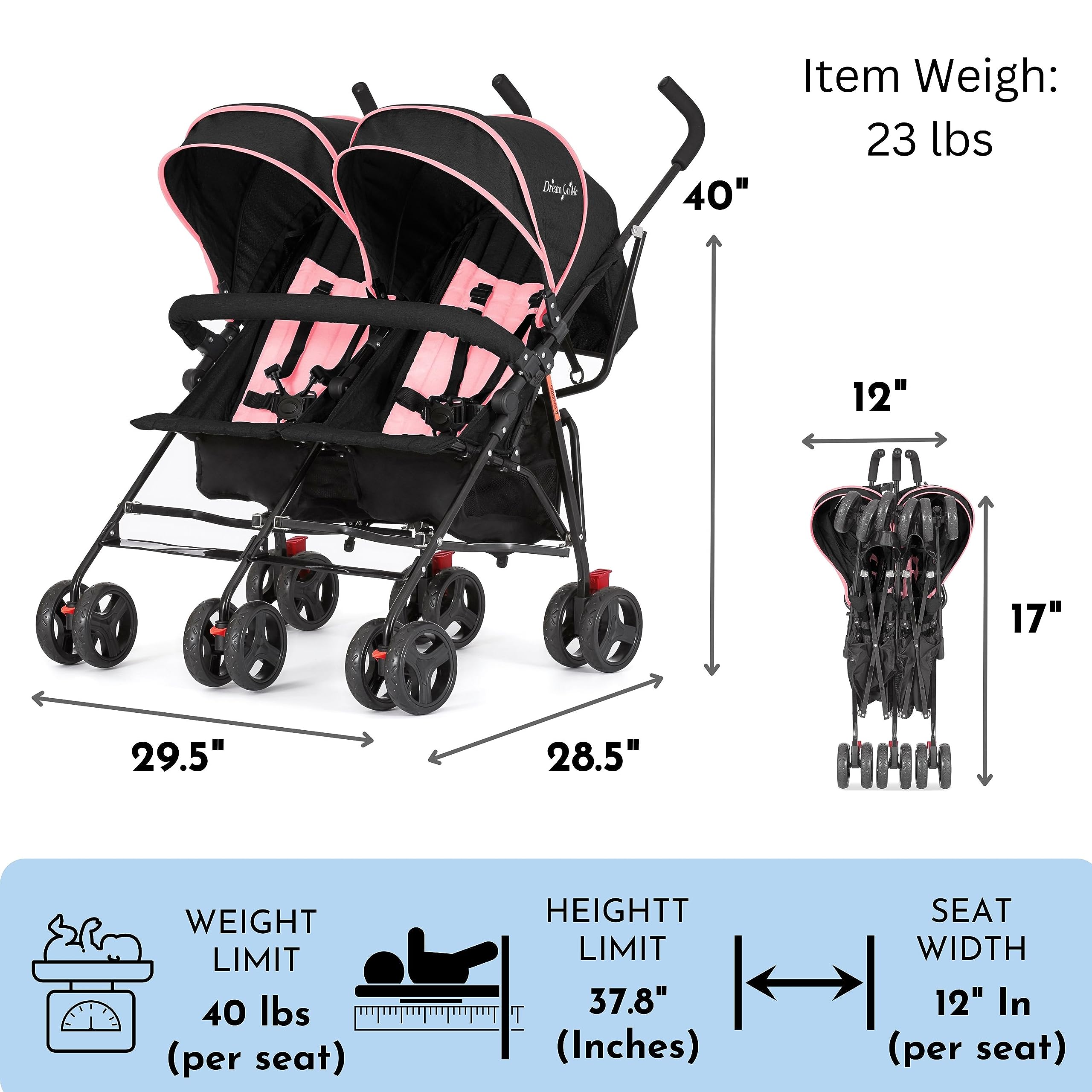 Dream On Me Volgo Twin Umbrella Stroller in Pink, Lightweight Double Stroller for Infant & Toddler, Compact Easy Fold, Large Storage Basket, Large and Adjustable Canopy