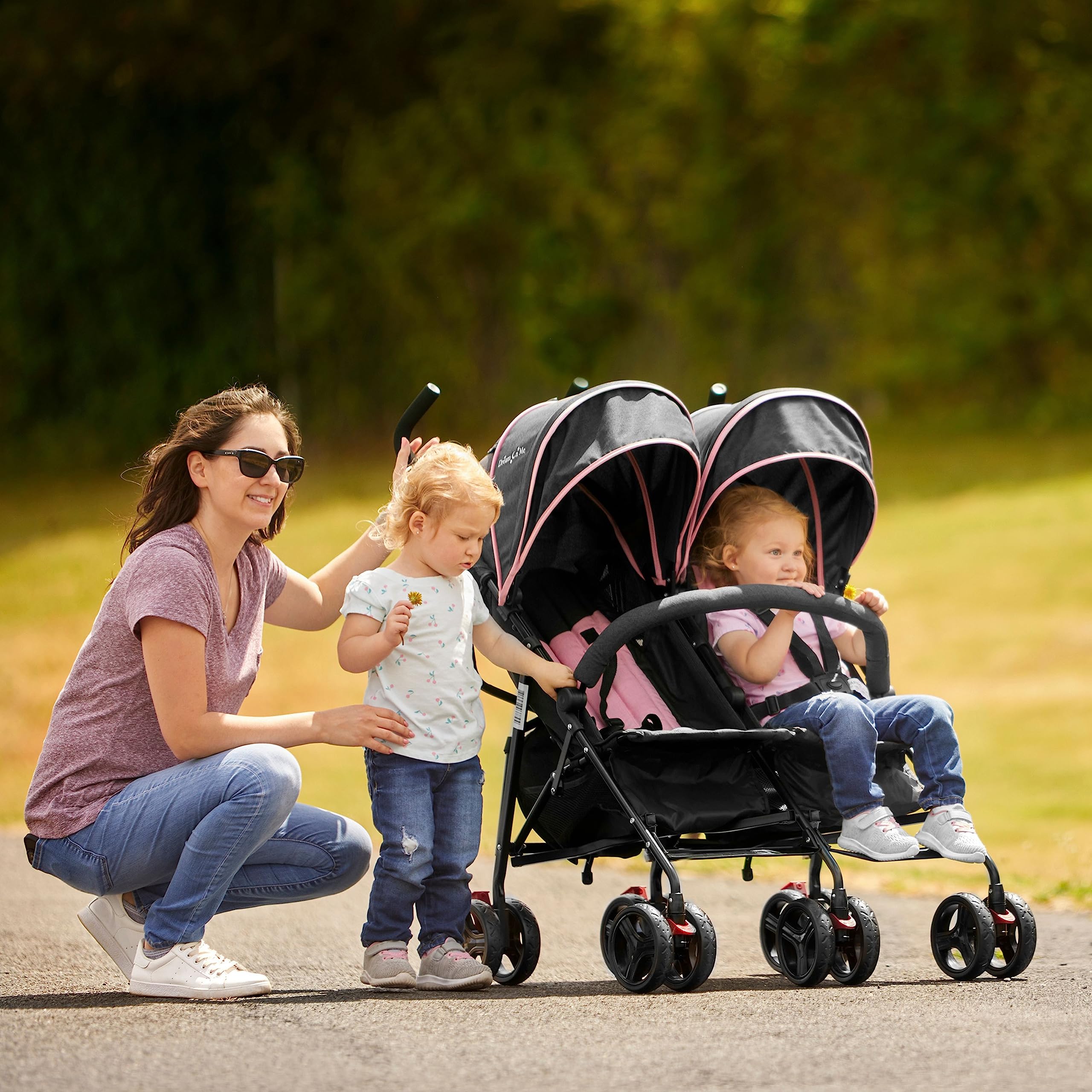 Dream On Me Volgo Twin Umbrella Stroller in Pink, Lightweight Double Stroller for Infant & Toddler, Compact Easy Fold, Large Storage Basket, Large and Adjustable Canopy