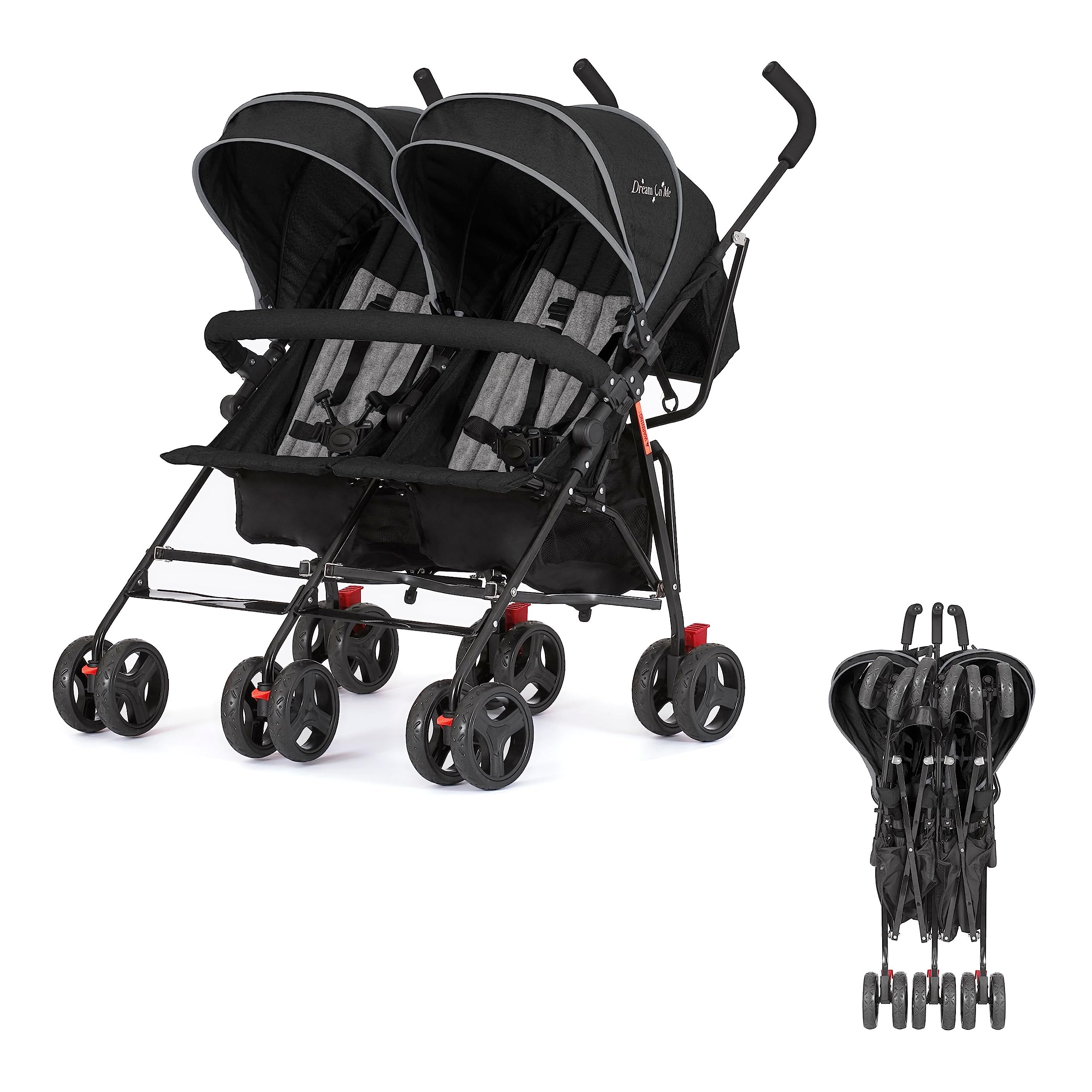 Dream On Me Volgo Twin Umbrella Stroller in Black, Lightweight Double Stroller for Infant & Toddler, Compact Easy Fold, Large Storage Basket, Large and Adjustable Canopy