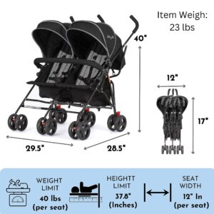 Dream On Me Volgo Twin Umbrella Stroller in Black, Lightweight Double Stroller for Infant & Toddler, Compact Easy Fold, Large Storage Basket, Large and Adjustable Canopy