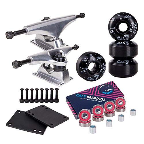 Cal 7 129mm, 139mm Skateboard Trucks, Wheels Combo (Silver Trucks+ Black Interstellar Wheels, 5 Inch Trucks)