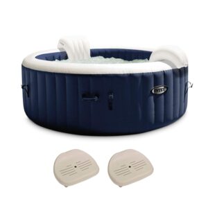 intex 28431e purespa plus 85in x 25in outdoor portable inflatable 6 person round hot tub spa with 170 bubble jets, cover, built in heater pump, and 2 non-slip seats, navy