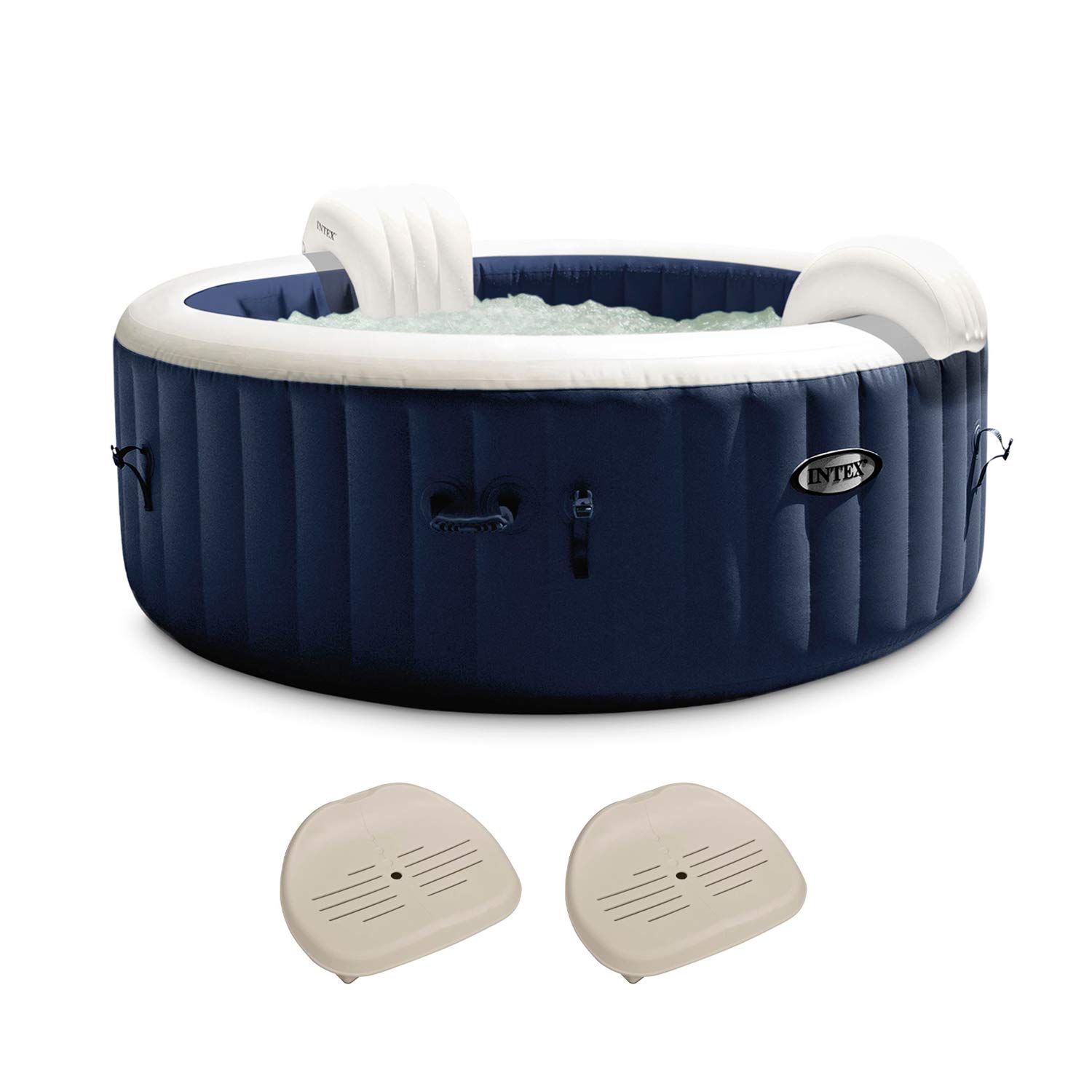 Intex 28431E PureSpa Plus 85in x 25in Outdoor Portable Inflatable 6 Person Round Hot Tub Spa with 170 Bubble Jets, Cover, Built in Heater Pump, and 2 Non-Slip Seats, Navy