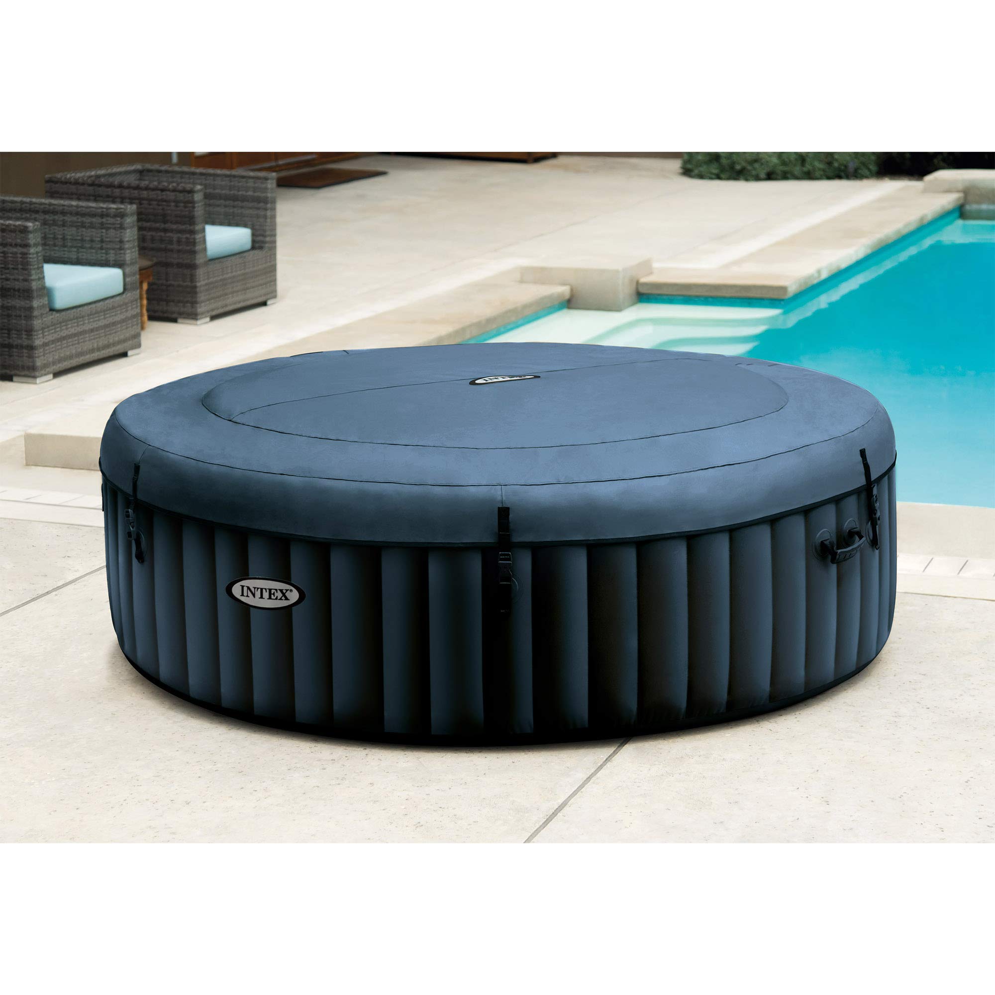 Intex 28431E PureSpa Plus 85in x 25in Outdoor Portable Inflatable 6 Person Round Hot Tub Spa with 170 Bubble Jets, Cover, Built in Heater Pump, and 2 Non-Slip Seats, Navy