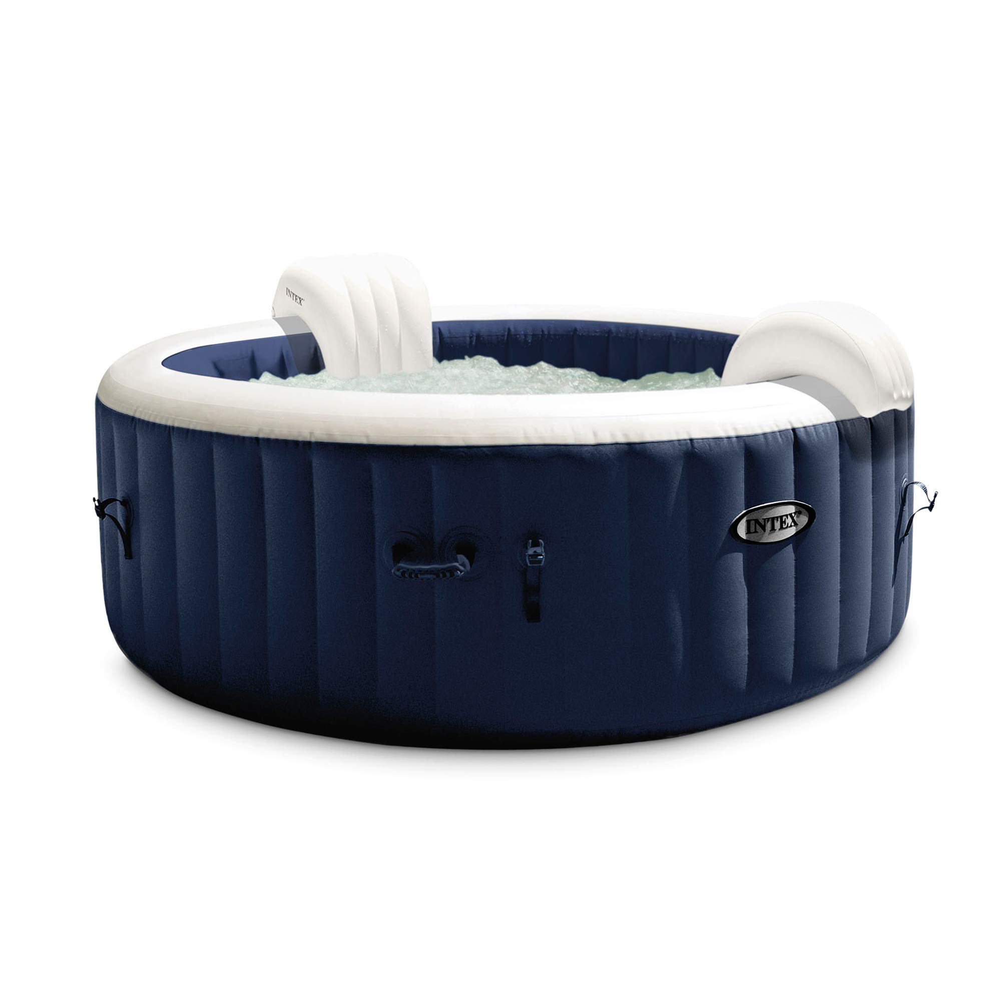 Intex 28431E PureSpa Plus 85in x 25in Outdoor Portable Inflatable 6 Person Round Hot Tub Spa with 170 Bubble Jets, Cover, Built in Heater Pump, and 2 Non-Slip Seats, Navy