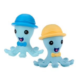 nuby silly silicone octopus teethe with soothing massaging bristles for sore gums, yellow/blue