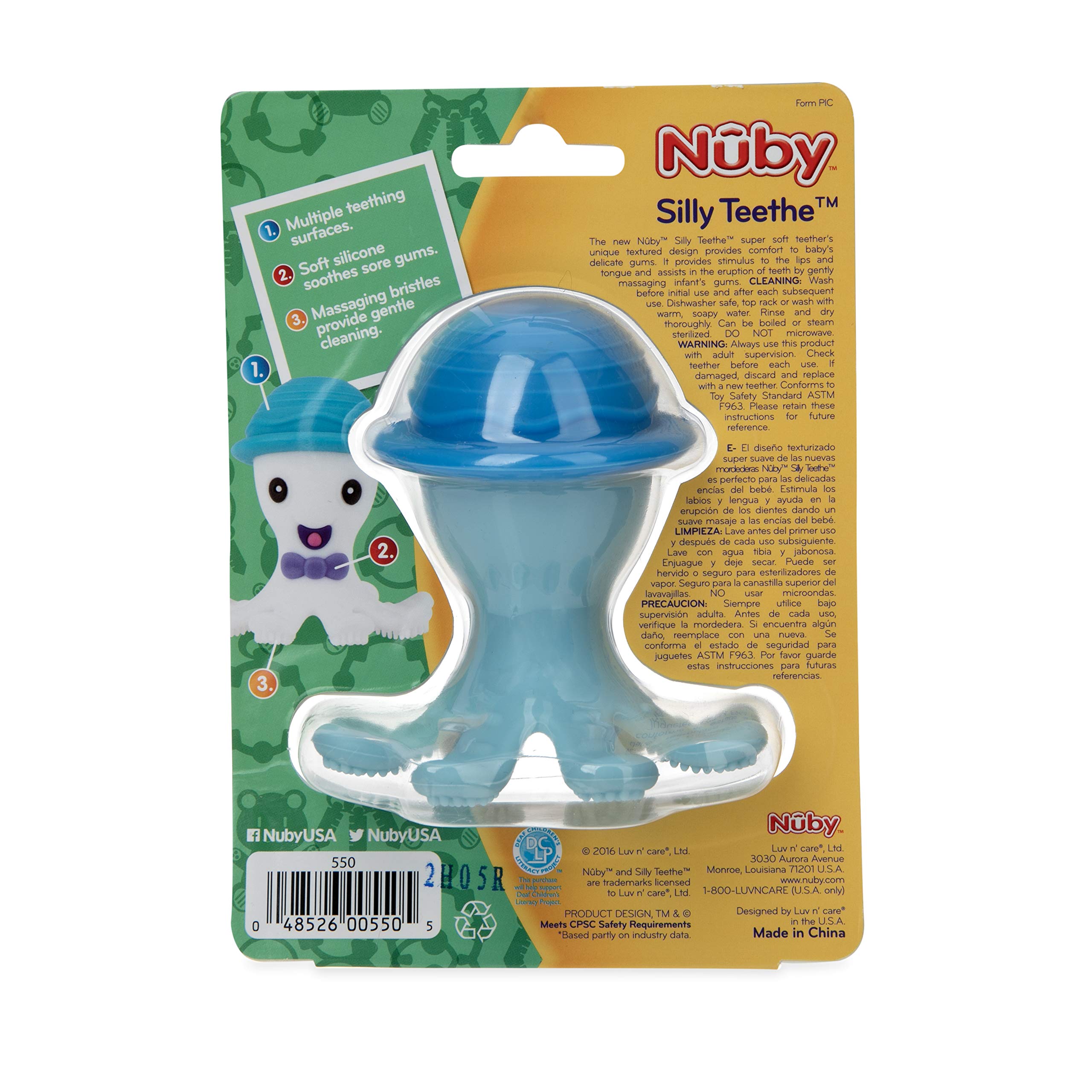 Nuby Silly Silicone Octopus Teethe with Soothing Massaging Bristles For Sore Gums, Yellow/Blue