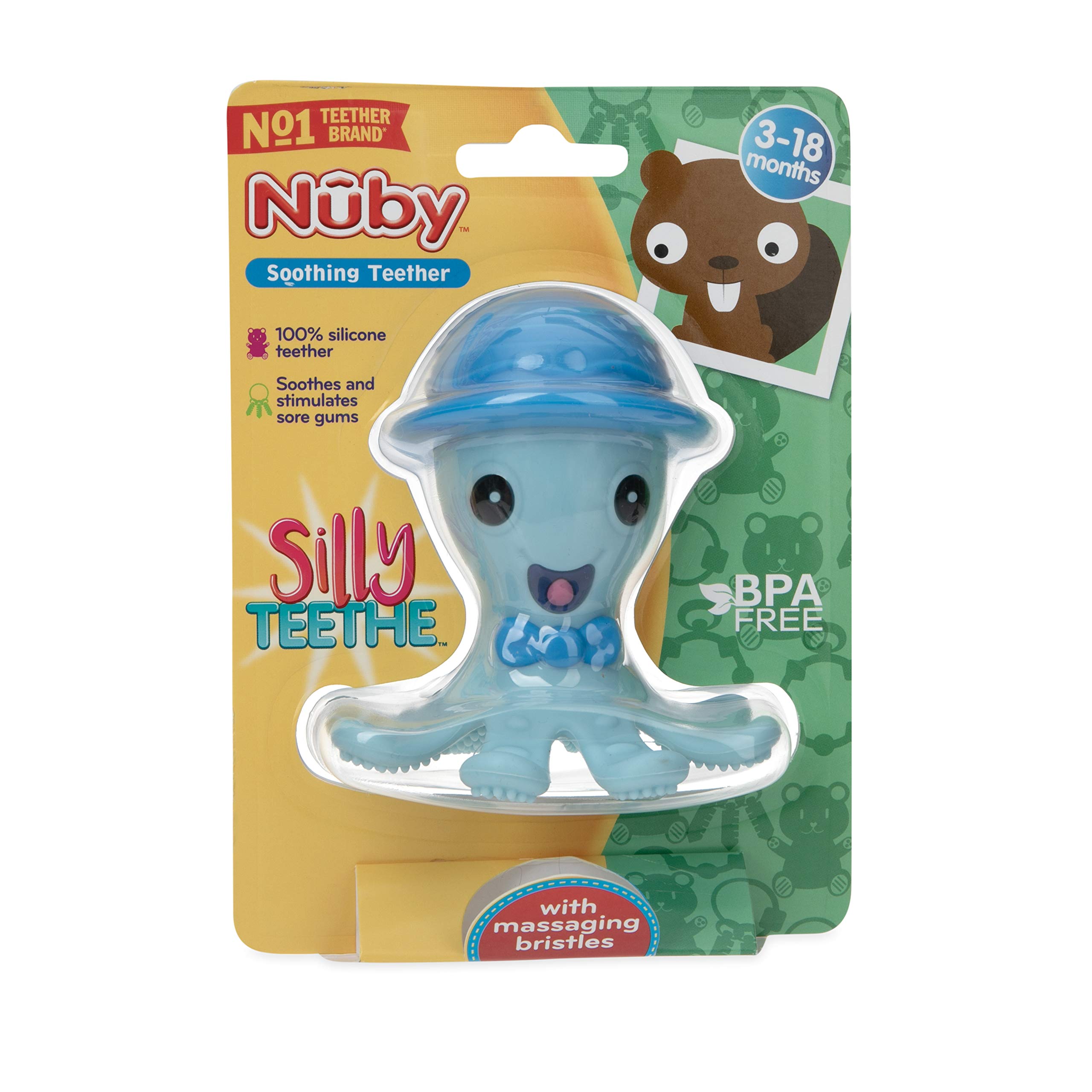 Nuby Silly Silicone Octopus Teethe with Soothing Massaging Bristles For Sore Gums, Yellow/Blue