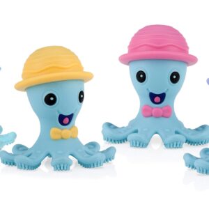 Nuby Silly Silicone Octopus Teethe with Soothing Massaging Bristles For Sore Gums, Yellow/Blue