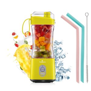 portable blender, personal usb rechargeable juice cup for smoothie and protein shakes mini handheld fruit mixer 13oz bottle for travel gym home office sports outdoors yellow