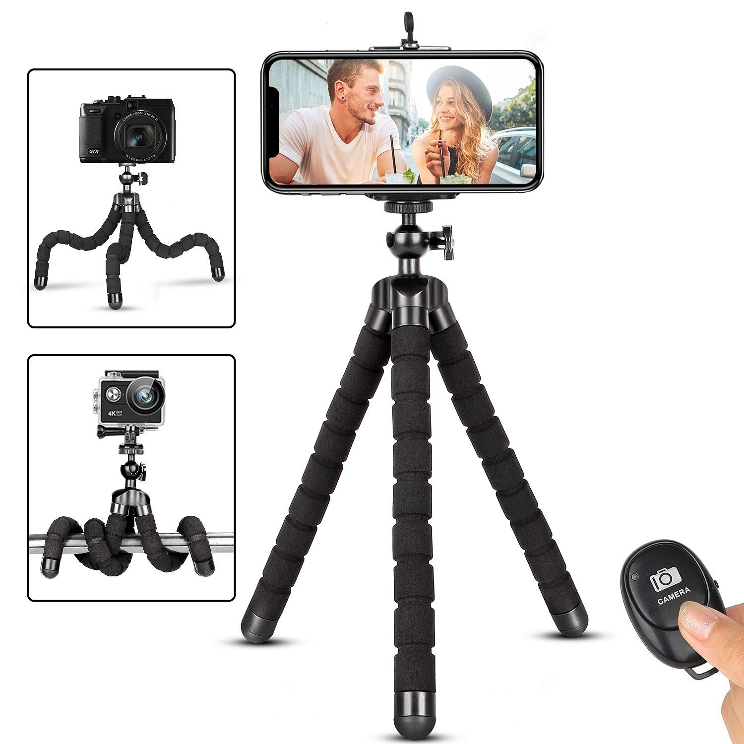 Phone Tripod, Flexible iPhone Tripod and Portable Adjustable Tripod with Wireless Remote and Universal Clip Mount Camera Tripod, Travel Tripod,Tabletop Tripod for iPhone/Android Grey