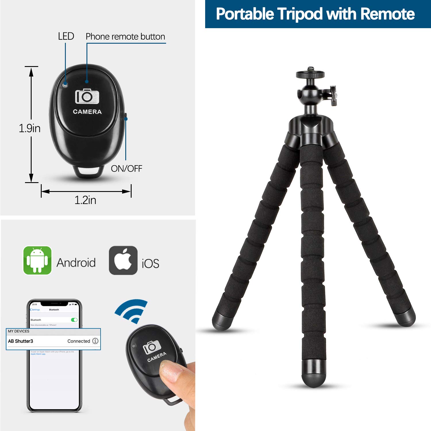 Phone Tripod, Flexible iPhone Tripod and Portable Adjustable Tripod with Wireless Remote and Universal Clip Mount Camera Tripod, Travel Tripod,Tabletop Tripod for iPhone/Android Grey