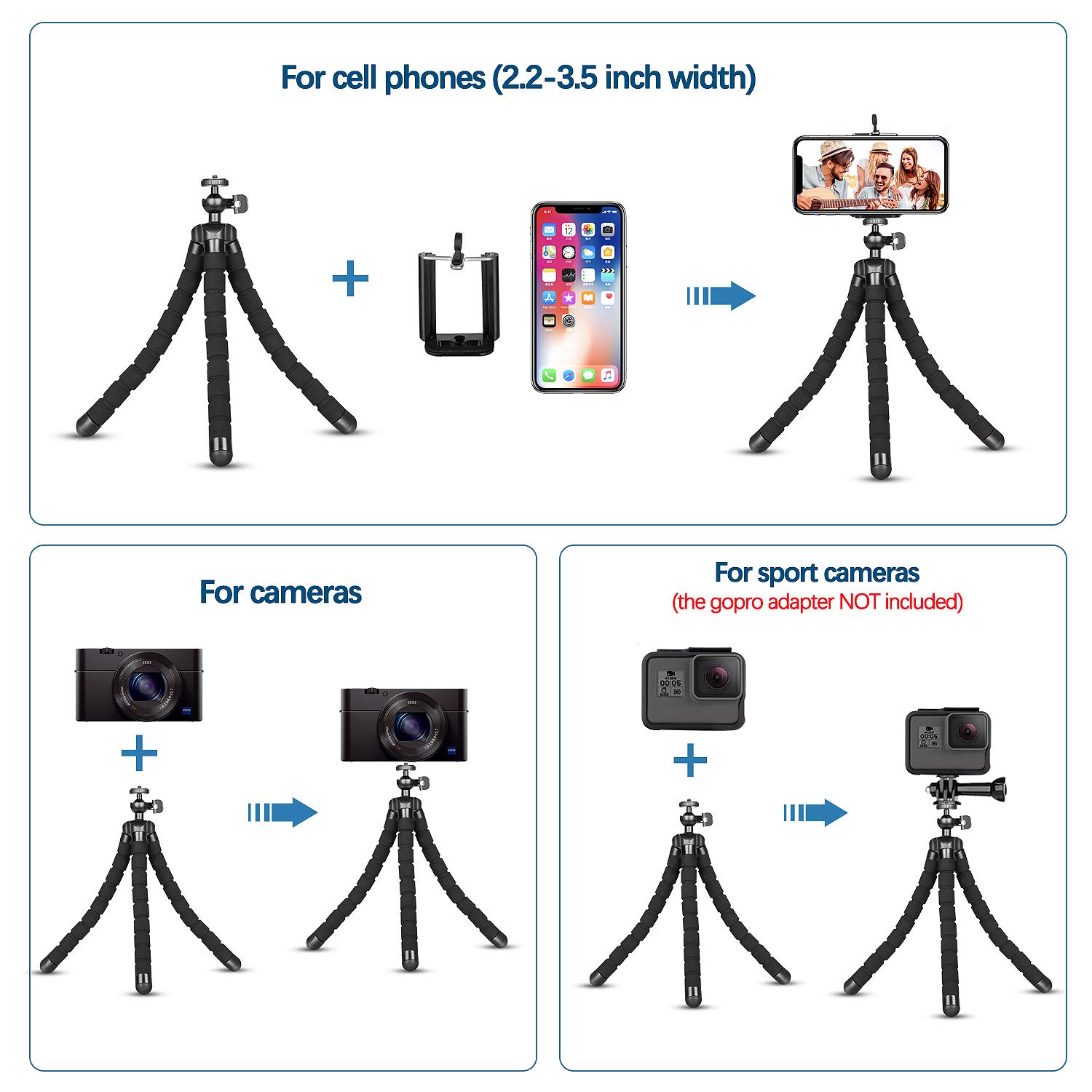 Phone Tripod, Flexible iPhone Tripod and Portable Adjustable Tripod with Wireless Remote and Universal Clip Mount Camera Tripod, Travel Tripod,Tabletop Tripod for iPhone/Android Grey