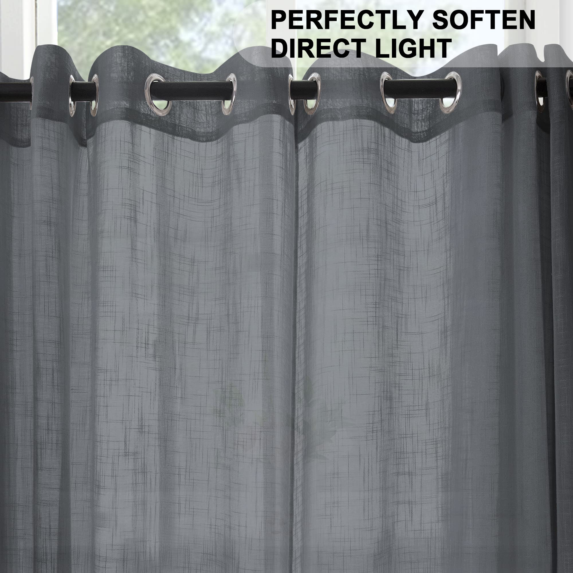 Kinryb Dark Grey Linen Sheer Curtains 95 inch Length for Living Room Soft Grommet Top Extra Long Semi Sheer Window Treatment Privacy Curtain Sets for Bedroom Dark Grey 52”W x 95”L 2 Pieces