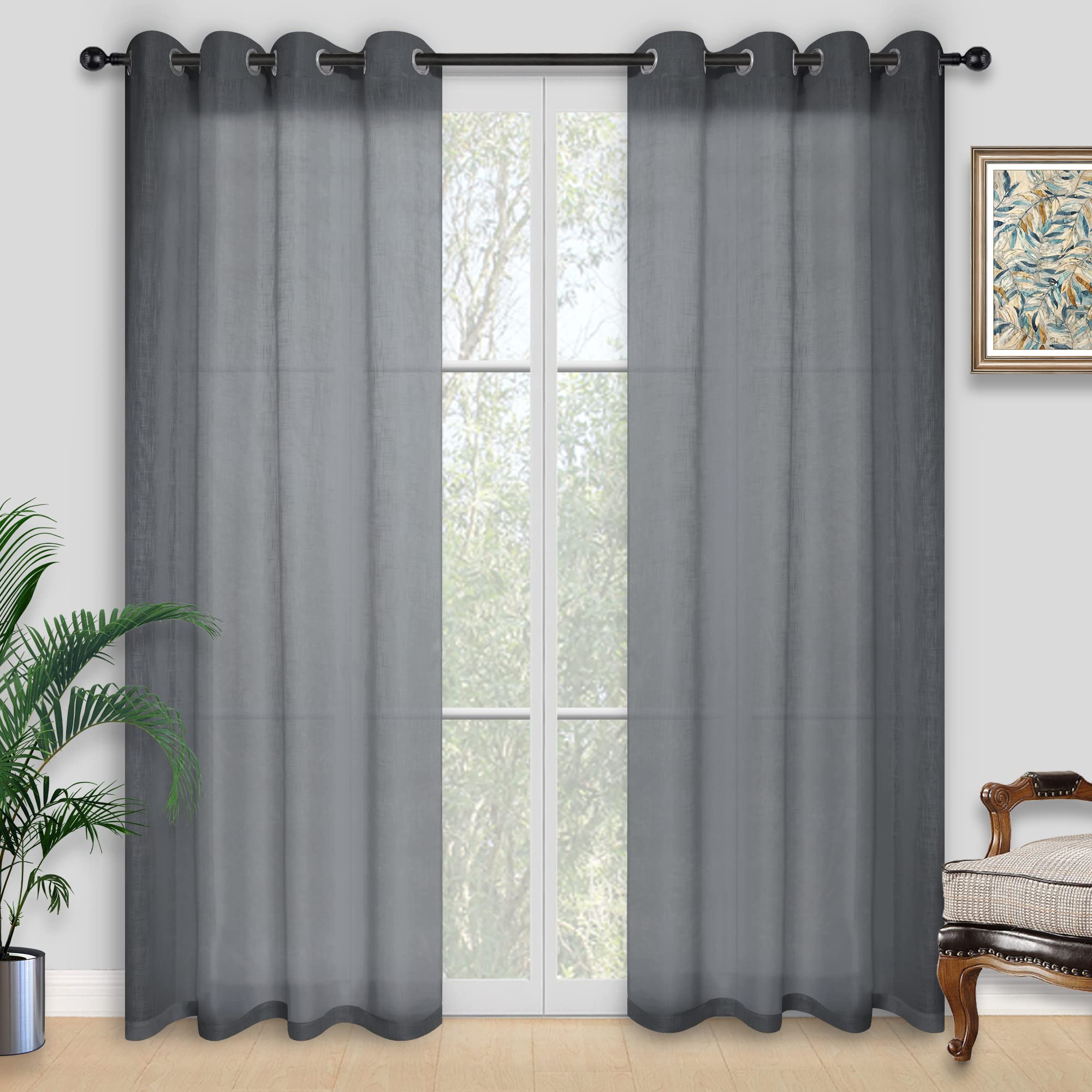 Kinryb Dark Grey Linen Sheer Curtains 95 inch Length for Living Room Soft Grommet Top Extra Long Semi Sheer Window Treatment Privacy Curtain Sets for Bedroom Dark Grey 52”W x 95”L 2 Pieces