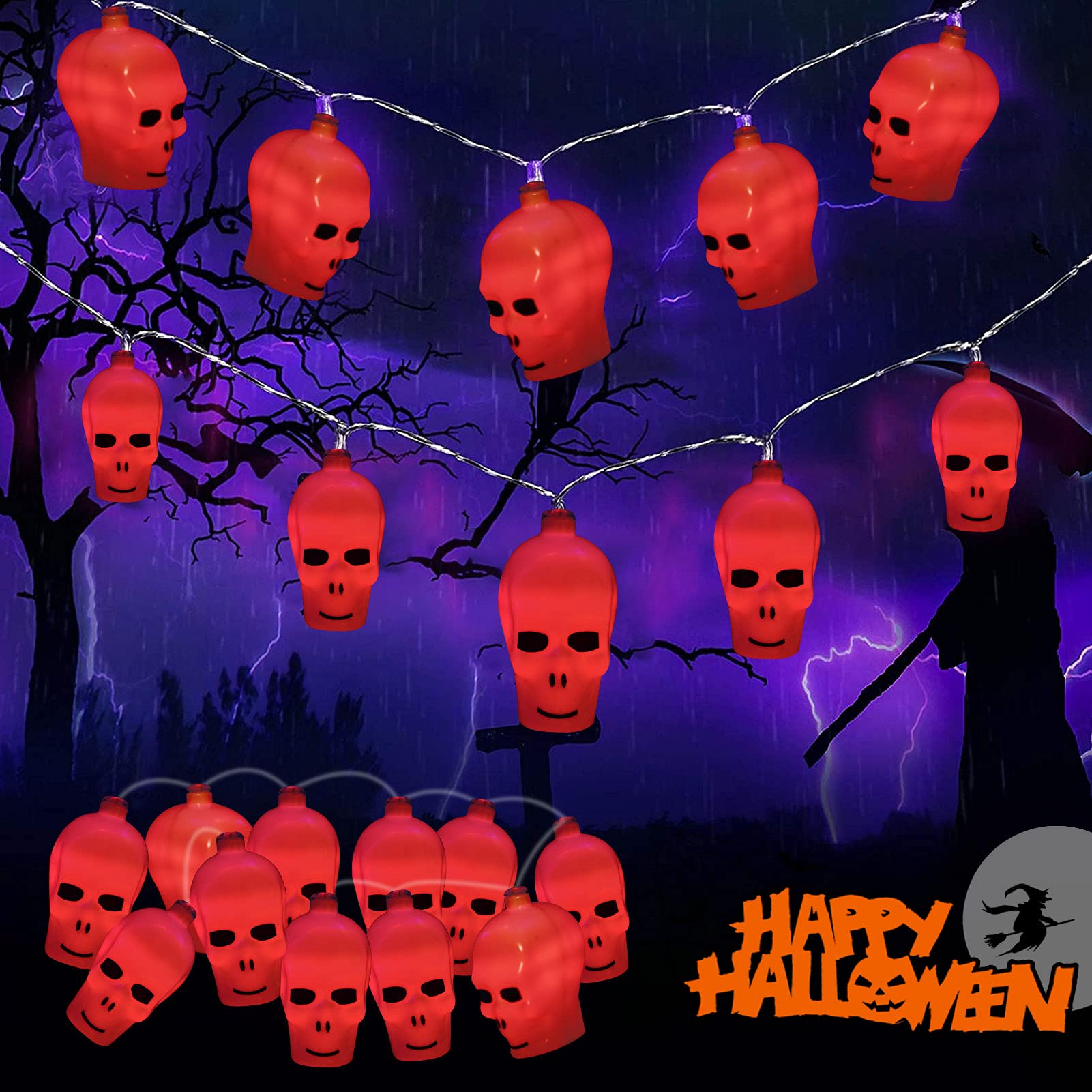 Halloween Skull Decoration String Lights 20LED Outdoor and Indoor with Remote Control Waterproof Battery Operated, Used in Haunted Houses Window Party Create a Halloween Horror Atmosphere (Red )