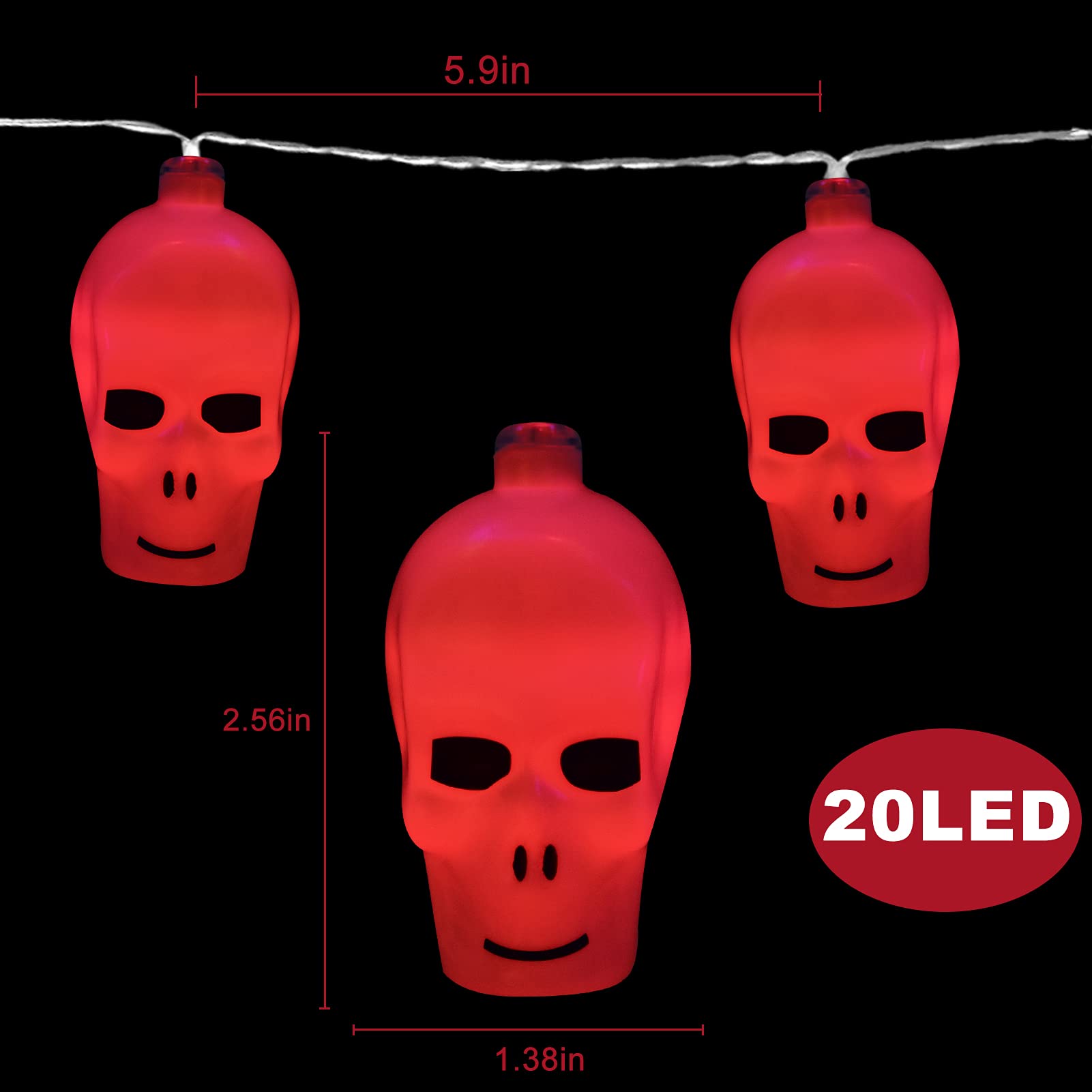 Halloween Skull Decoration String Lights 20LED Outdoor and Indoor with Remote Control Waterproof Battery Operated, Used in Haunted Houses Window Party Create a Halloween Horror Atmosphere (Red )