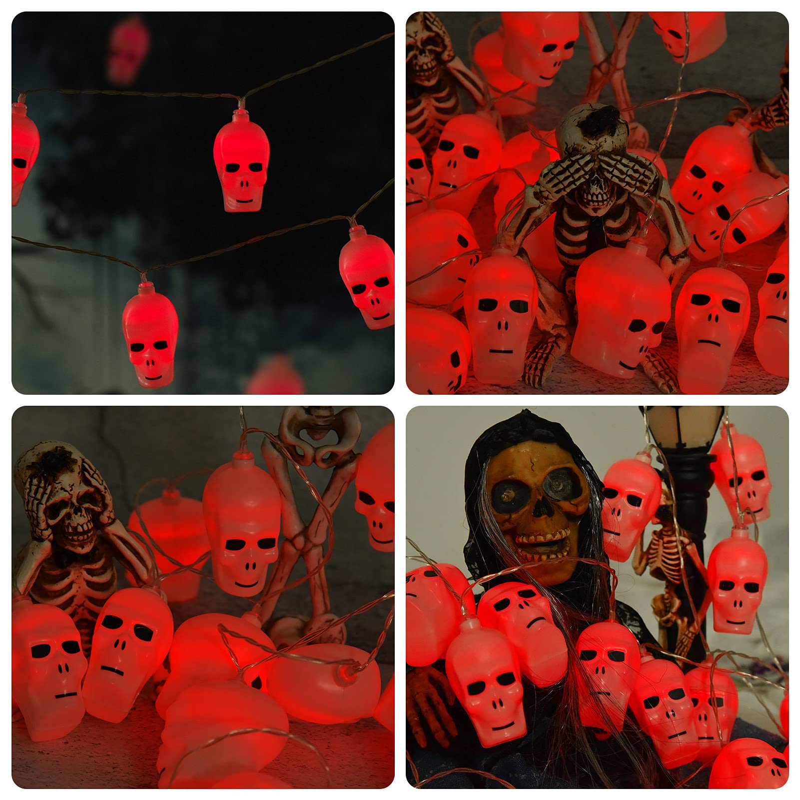 Halloween Skull Decoration String Lights 20LED Outdoor and Indoor with Remote Control Waterproof Battery Operated, Used in Haunted Houses Window Party Create a Halloween Horror Atmosphere (Red )