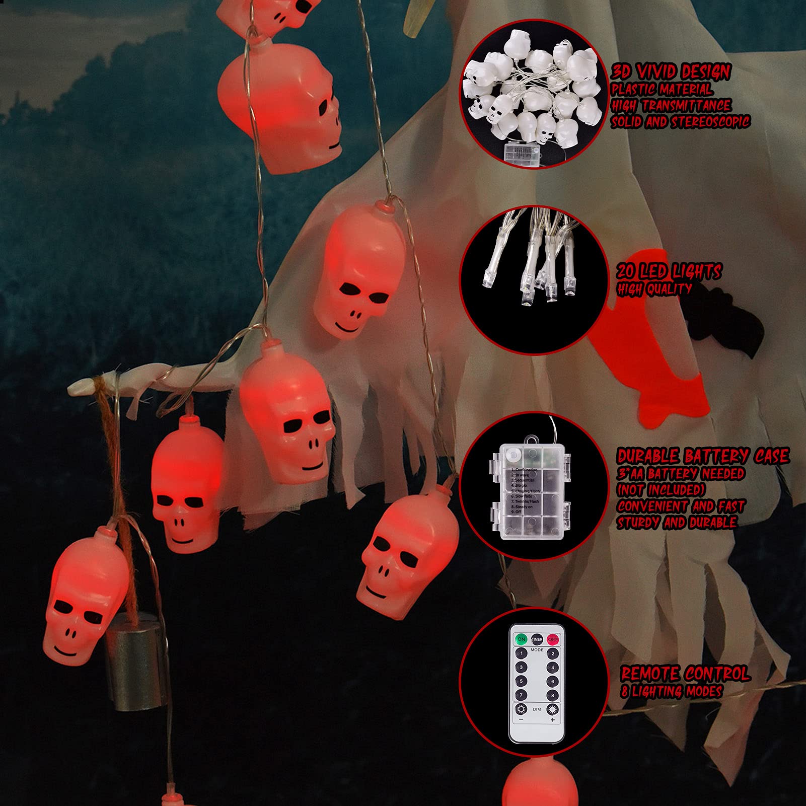 Halloween Skull Decoration String Lights 20LED Outdoor and Indoor with Remote Control Waterproof Battery Operated, Used in Haunted Houses Window Party Create a Halloween Horror Atmosphere (Red )