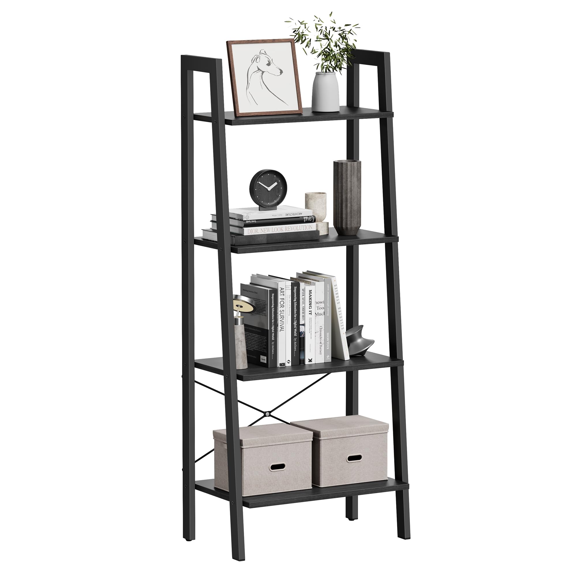 VASAGLE Ladder Shelf, 4-Tier Bookshelf, Storage Rack, Bookcase with Steel Frame, for Living Room, Home Office, Kitchen, Bedroom, Industrial Style, Charcoal Gray and Black ULLS044B04