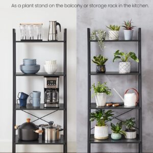 VASAGLE Ladder Shelf, 4-Tier Bookshelf, Storage Rack, Bookcase with Steel Frame, for Living Room, Home Office, Kitchen, Bedroom, Industrial Style, Charcoal Gray and Black ULLS044B04