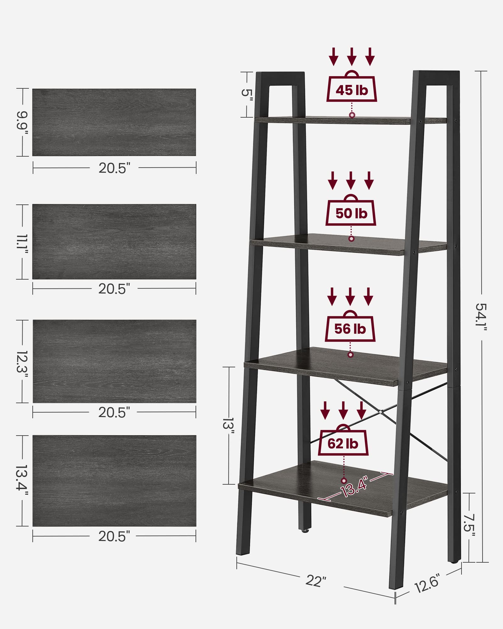 VASAGLE Ladder Shelf, 4-Tier Bookshelf, Storage Rack, Bookcase with Steel Frame, for Living Room, Home Office, Kitchen, Bedroom, Industrial Style, Charcoal Gray and Black ULLS044B04