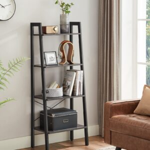 VASAGLE Ladder Shelf, 4-Tier Bookshelf, Storage Rack, Bookcase with Steel Frame, for Living Room, Home Office, Kitchen, Bedroom, Industrial Style, Charcoal Gray and Black ULLS044B04