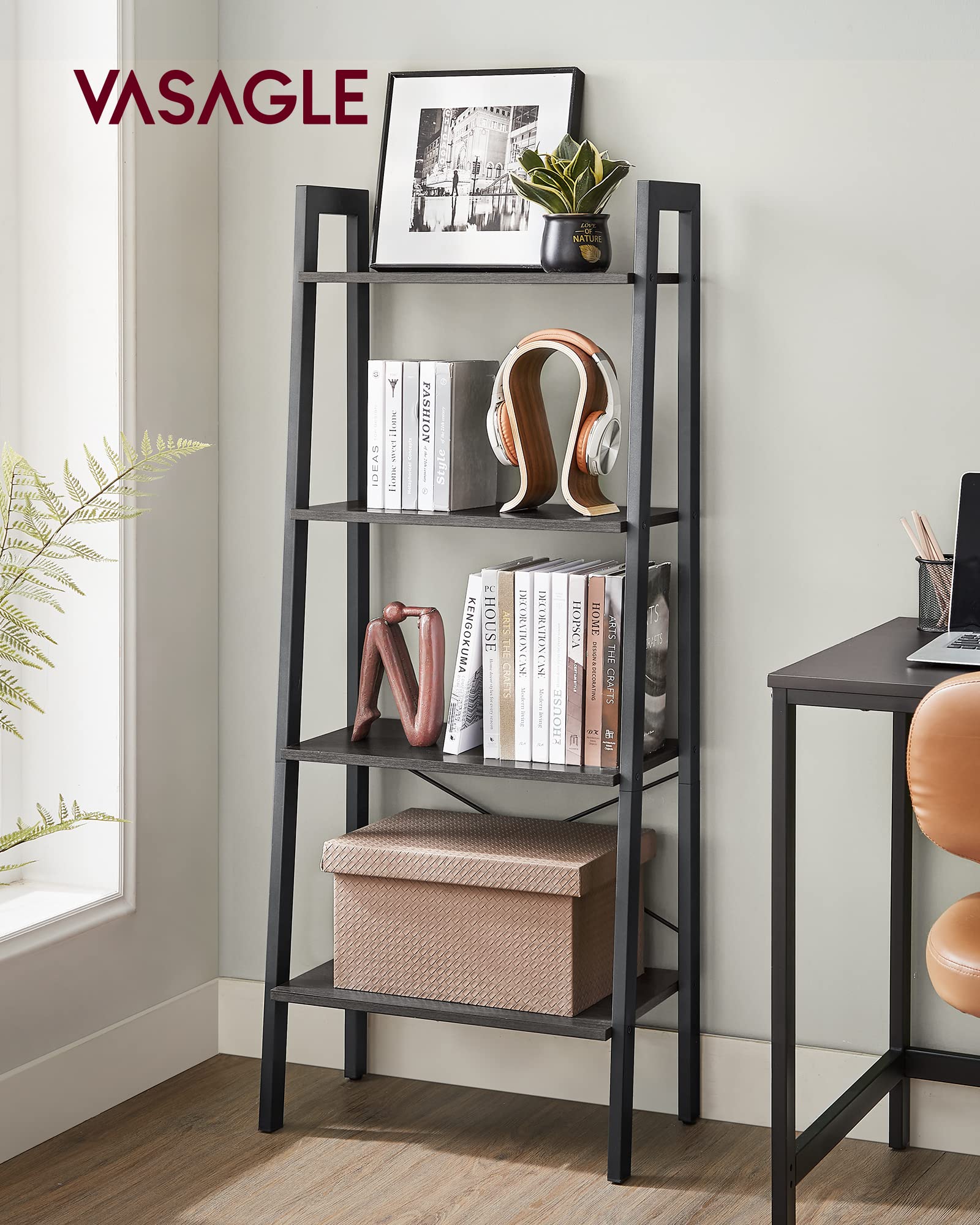 VASAGLE Ladder Shelf, 4-Tier Bookshelf, Storage Rack, Bookcase with Steel Frame, for Living Room, Home Office, Kitchen, Bedroom, Industrial Style, Charcoal Gray and Black ULLS044B04