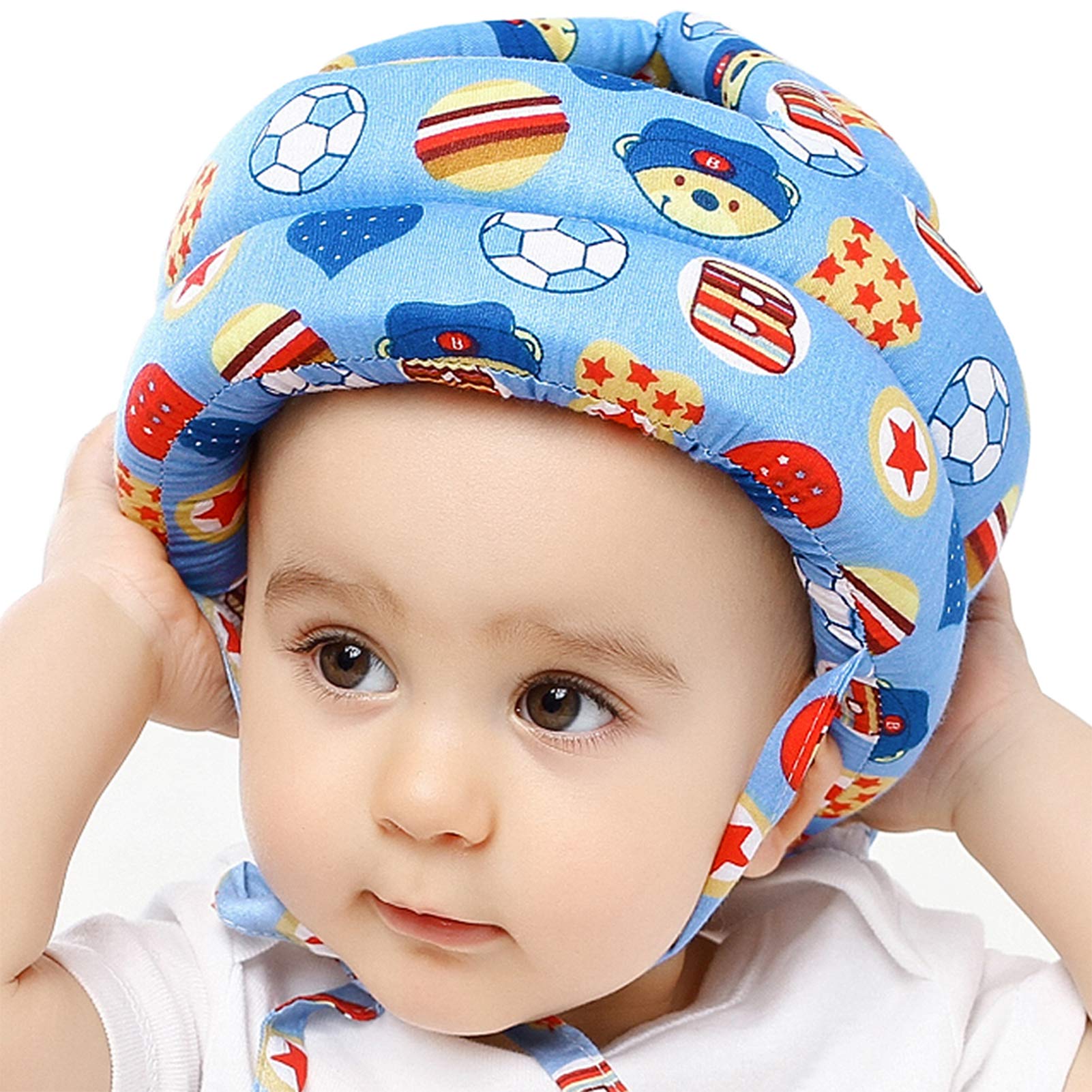 IULONEE Baby Infant Toddler Helmet No Bump Safety Head Cushion Bumper Bonnet Adjustable Protective Cap Child Safety Headguard Hat for Running Walking Crawling Safety Helmet for Kid (Blue Ball)