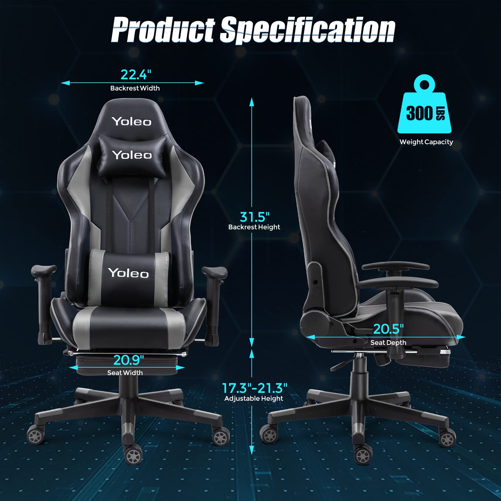 YOLEO Gaming Chair with Footrest High Back Computer Gaming Chair Ergonomic Office Chair with Mute Casters Adjustable Armrest Desk Chair Recliner Chair with Lumbar Support BIFMA Certified Black/Grey