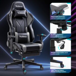 YOLEO Gaming Chair with Footrest High Back Computer Gaming Chair Ergonomic Office Chair with Mute Casters Adjustable Armrest Desk Chair Recliner Chair with Lumbar Support BIFMA Certified Black/Grey