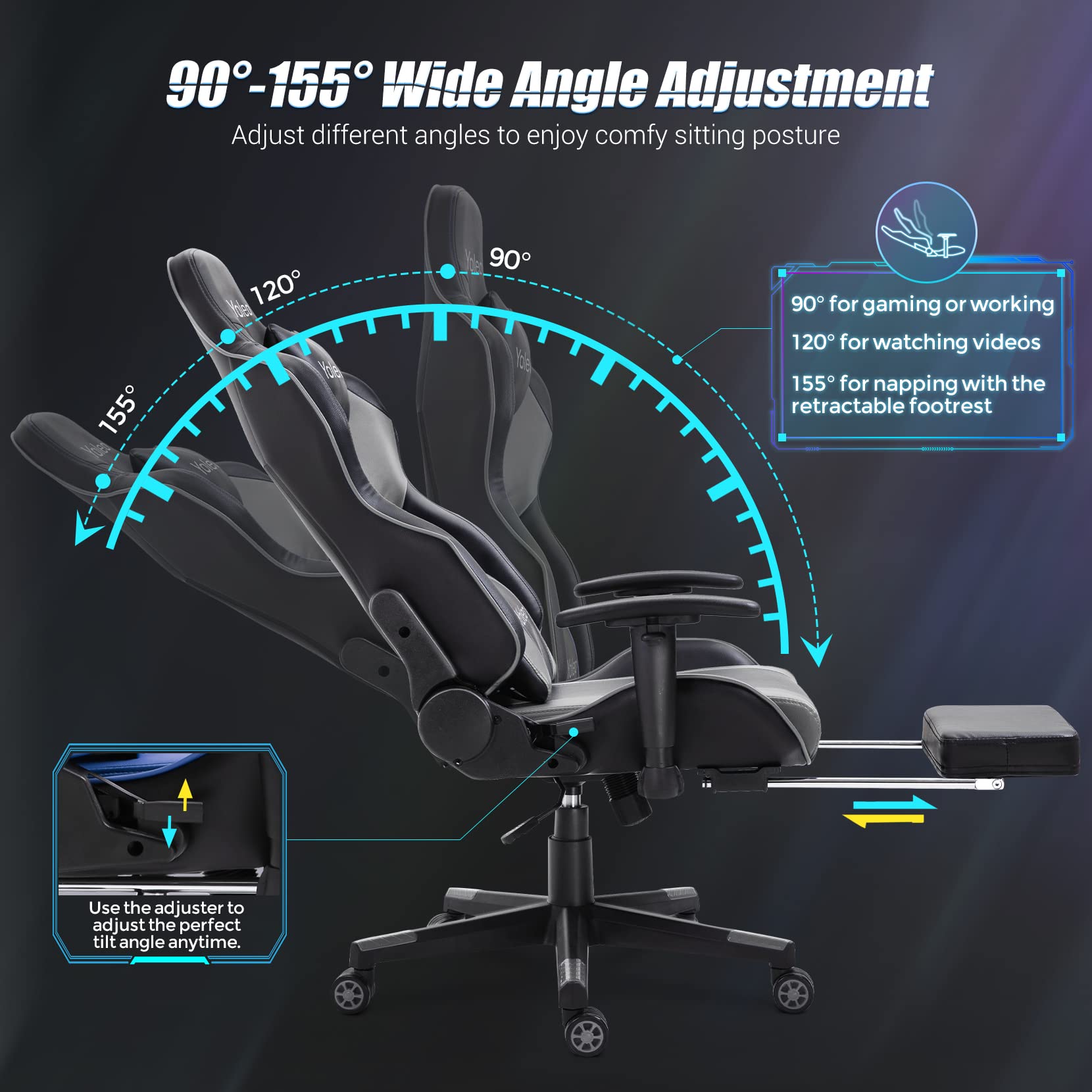 YOLEO Gaming Chair with Footrest High Back Computer Gaming Chair Ergonomic Office Chair with Mute Casters Adjustable Armrest Desk Chair Recliner Chair with Lumbar Support BIFMA Certified Black/Grey