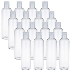 bekith 16 pack plastic empty squeeze bottles with disc top flip cap - 8oz travel containers for shampoo, lotions, liquid body soap, creams, clear