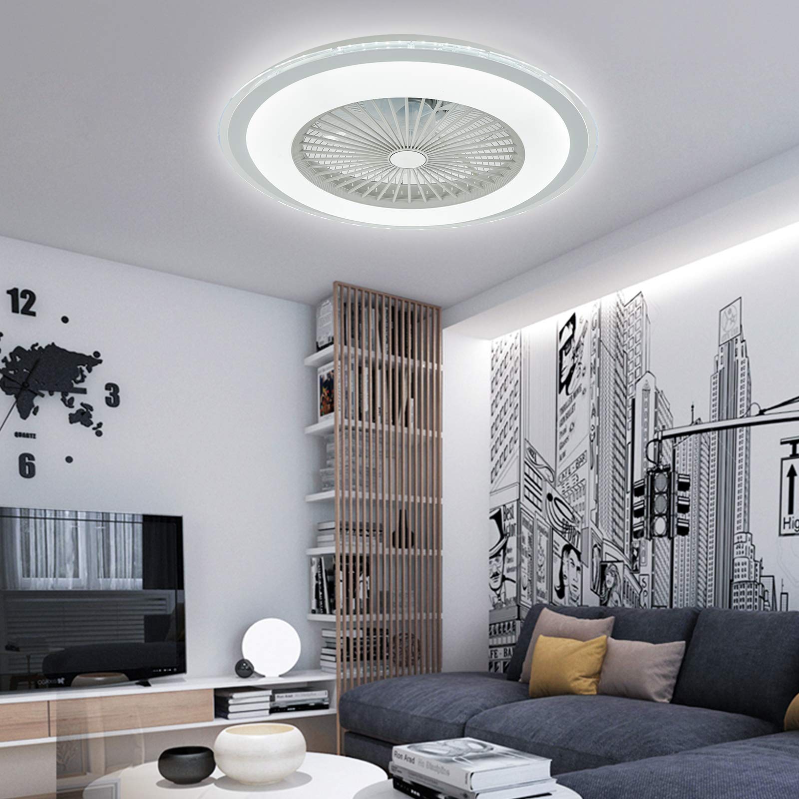 US DELIVER Ceiling Fan LED Fan Chandelier, 36 W, Ceiling Lighting, dimmable with Remote Control, Dimmable Adjustable Wind Speed, Modern Bedroom (White)