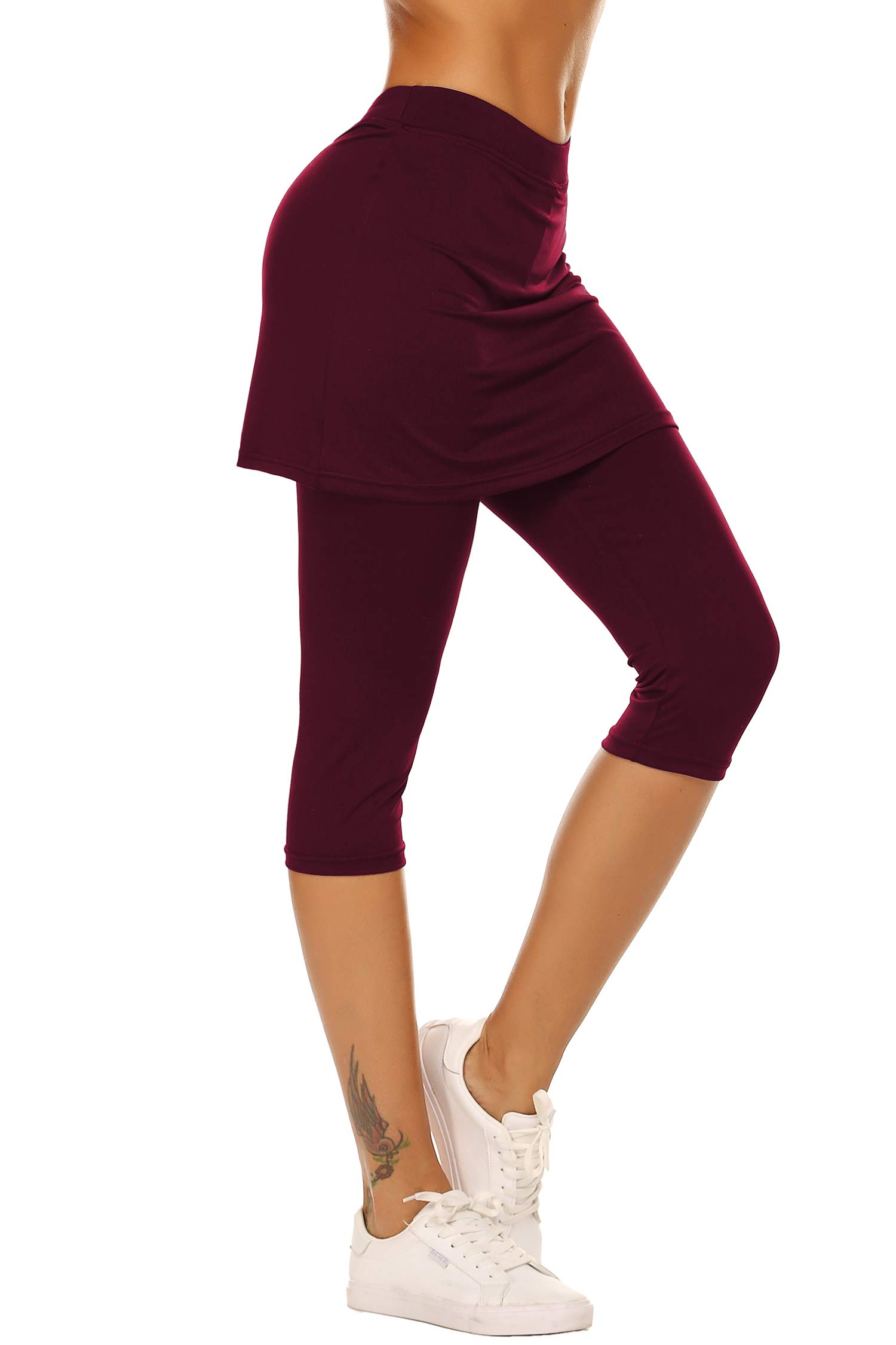 Ekouaer Capri Skirt Active Tight Pants Performance Cycling Skirted Leggings Shorts Skirt Pants Wine Red