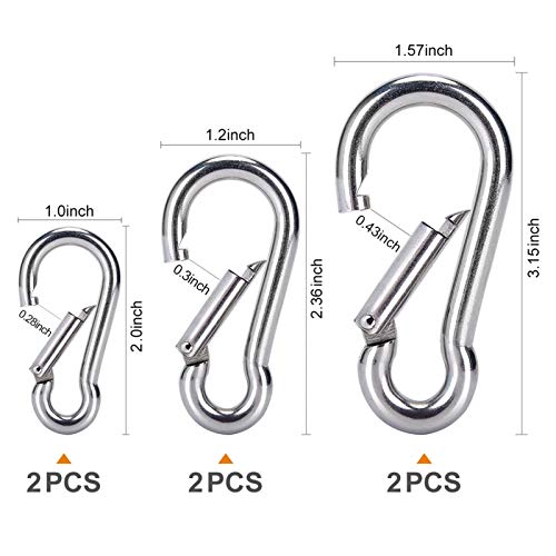 6PCS Spring Snap Hooks Carabiner- 304 Premium Stainless Steel Heavy Duty Carabiner Clips Assorted Sizes (2, 2.36, 3.15 inch) for Camping, Fishing, Hiking, Traveling, Backpack, Keychain; Silver